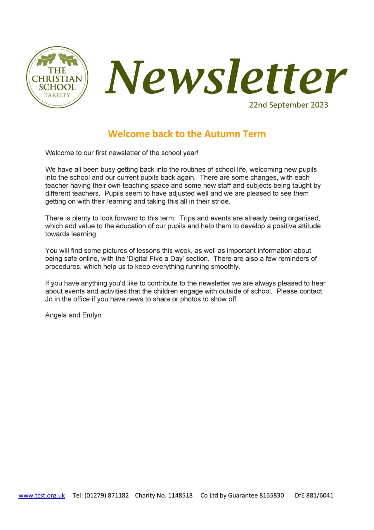 Newsletter 22nd September 2023 - The Christian School, Takeley